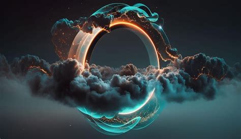 3d визуализация абстрактного облака освещенного неоновым световым кольцом на темном ночном небе