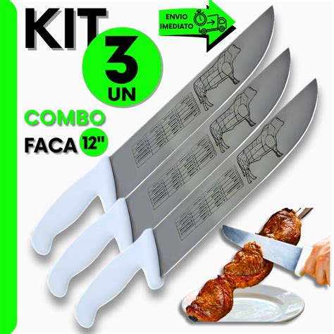 Conjunto Faca Cabo Branco 12 Aço Inox Do Açougueiro Churrasqueiro