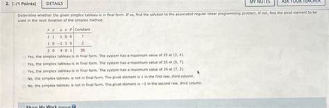 solved determine whether the given simplex tableau is in
