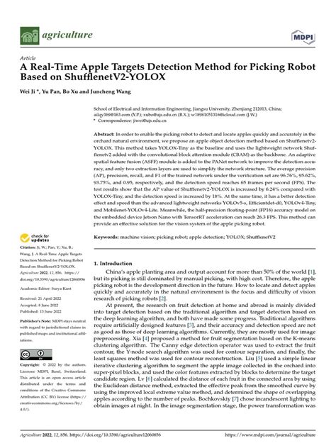 A Real Time Apple Targets Detection Method For Picking Robot Based On Shufflenetv2 Yolox Pdf