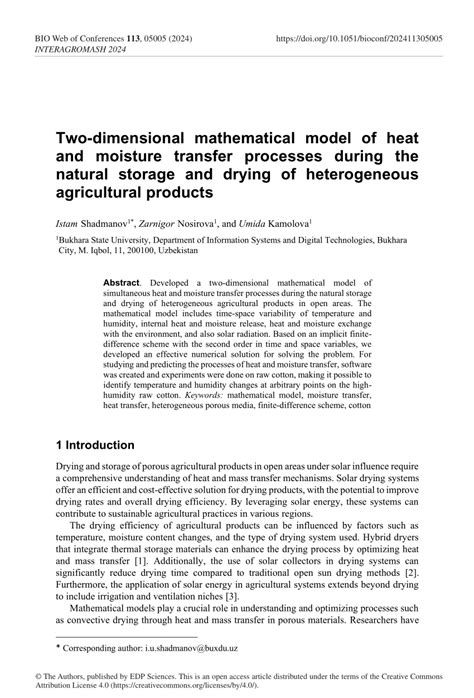 Pdf Two Dimensional Mathematical Model Of Heat And Moisture Transfer Processes During The