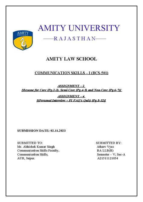 Front Page Of Assignment Amity University R A J A S T H A N