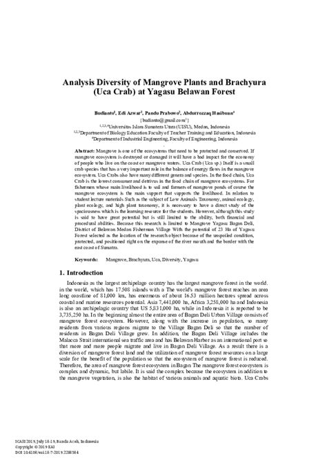 Pdf Analysis Diversity Of Mangrove Plants And Brachyura Uca Crab At Yagasu Belawan Forest