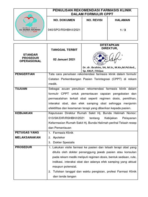 Spo Penulisan Rekomendasi Farmasis Klinik Dalam Formulir Cppt Pdf