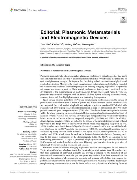 Pdf Editorial Plasmonic Metamaterials And Electromagnetic Devices