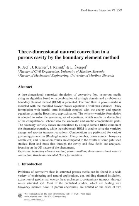 Pdf Three Dimensional Natural Convection In A Porous Cavity By The