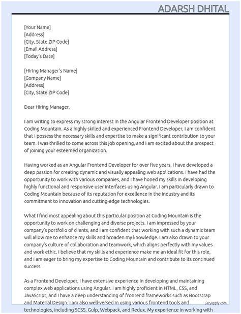 Cover Letter For Angular Frontend Developer Lazyapply
