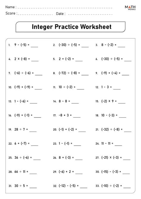 Integers Worksheets Math Monks Integers Worksheet Easy Math