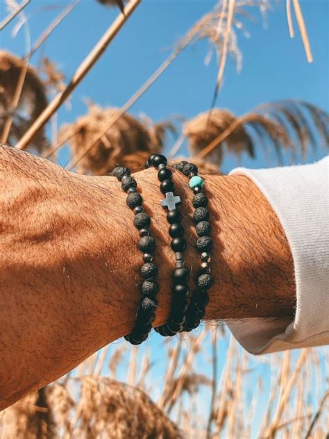 Pulsera Para Hombre Pulsera Con Cruz Pulsera Con Cuentas De Lava