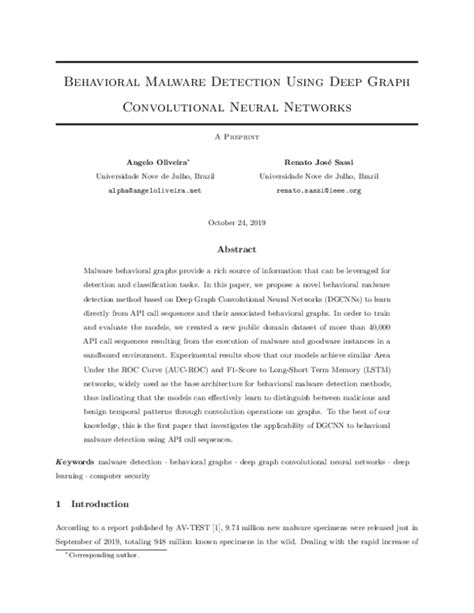 Pdf Behavioral Malware Detection Using Deep Graph Convolutional Neural Networks