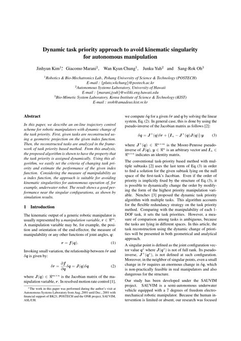 Pdf Dynamic Task Priority Approach To Avoid Kinematic Singularity For Autonomous Manipulation
