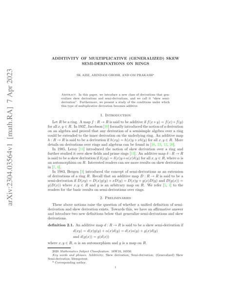 Pdf Additivity Of Multiplicative Generalized Skew Semi Derivations