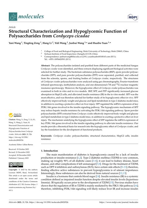 Pdf Structural Characterization And Hypoglycemic Function Of Polysaccharides From Cordyceps