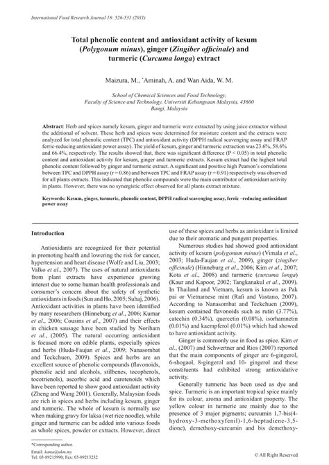 Pdf Total Phenolic Content And Antioxidant Activity Of Kesum Ginger And Turmeric Extract