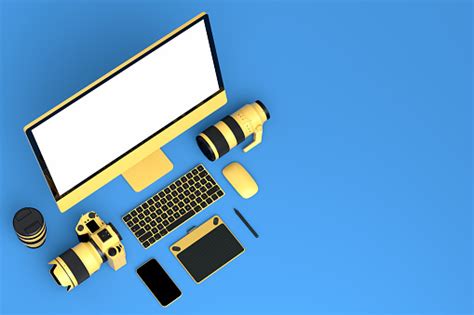 파란색 배경에 키보드 태블릿 전화 및 Dslr 카메라가있는 데스크톱 컴퓨터 3차원 형태에 대한 스톡 사진 및 기타 이미지 3차원 형태 개성 개념 개인 장식품 Istock