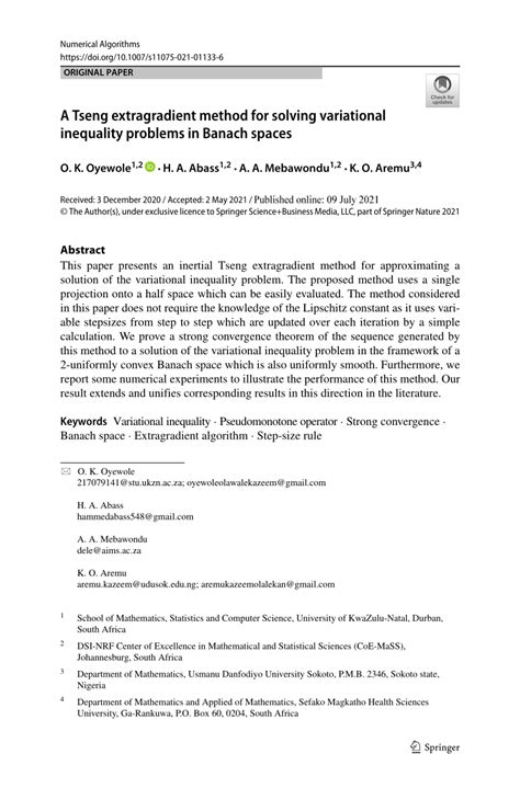 Pdf A Tseng Extragradient Method For Solving Variational Inequality