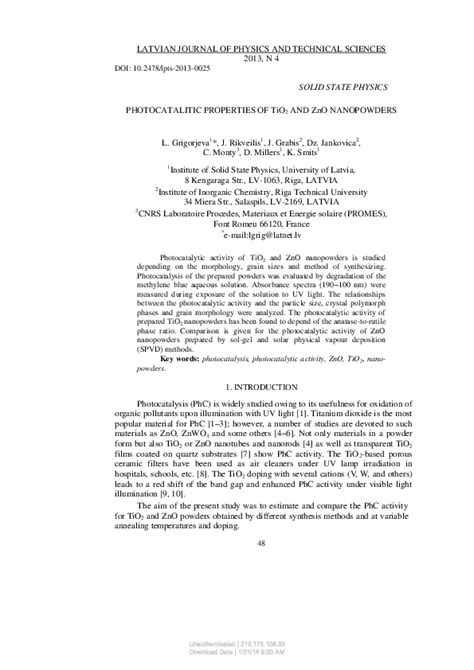 Pdf Photocatalitic Properties Of Tio2 And Zno Nanopowders