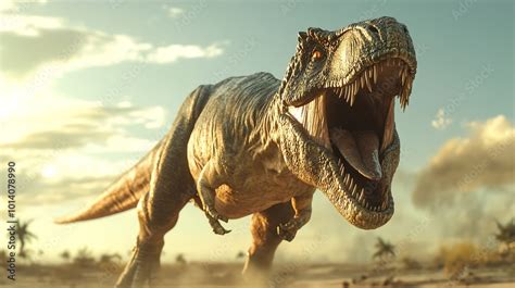 Fierce T Rex Roaring In A Prehistoric Landscape With Dramatic Lighting