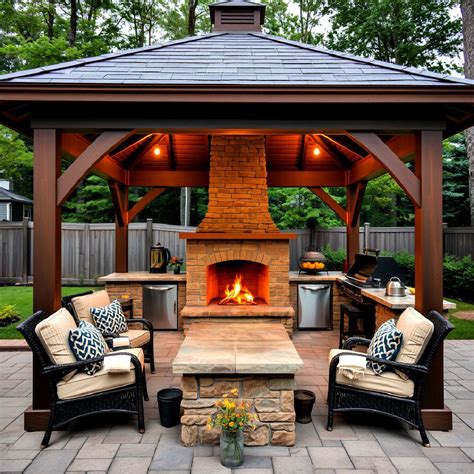 Gazebo With Fireplace And Outdoor Kitchen