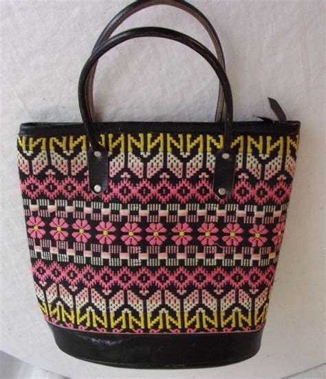 Vintage 1950s Black Leather Bucket Bag With Pink Embroidery Etsy