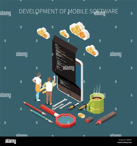Programming Development Concept With Mobile Software Symbols Isometric Vector Illustration Stock
