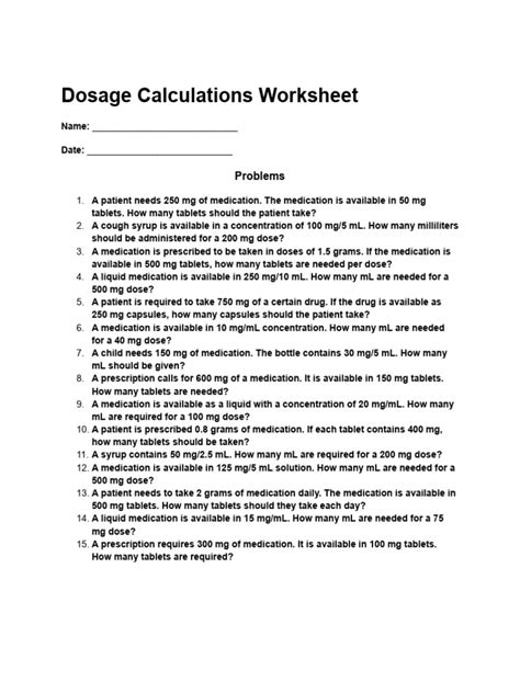 Dosage Calculations Worksheet 1 Pdf
