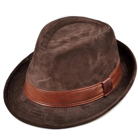Men Genuine Leather Suede Hat Cowhide Nubuck Brown Fedora Hat Women