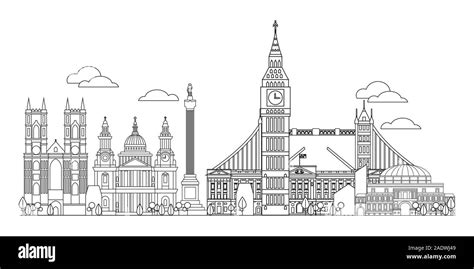 Panoramic Vector Line Art Illustration Of Landmarks Of London England