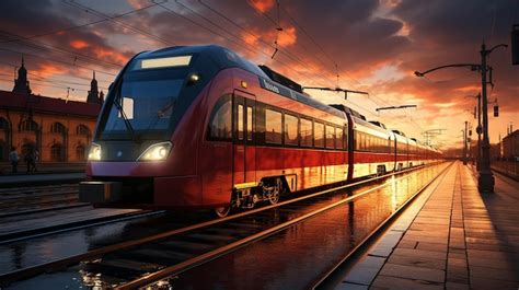 Hermosa Estación De Tren Con Un Moderno Tren De Cercanías Rojo Al