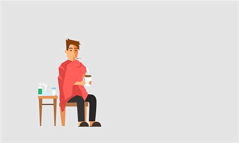 감기에 시달린 청년 입 벡터 디자인에 온도계가 있는 컵을 들고 있는 것바이러스 코로나 2020 감기와 독감에 대한 스톡 벡터 아트 및 기타 이미지 Istock