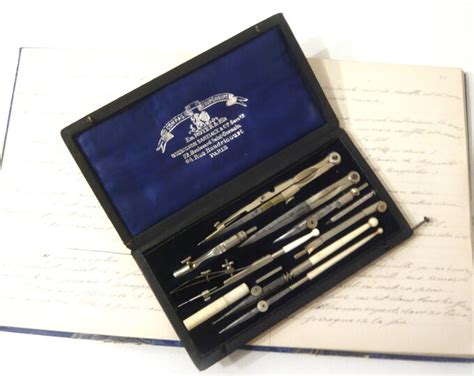 Antique Drafting Box Brass Draft Tool Small Wooden Box Compass Drafting