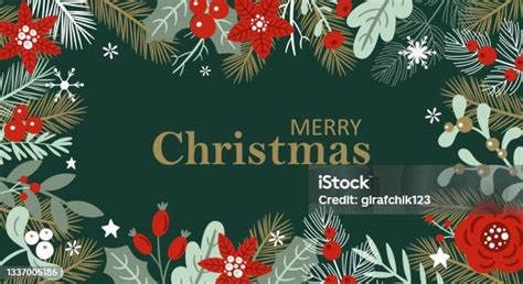겨울 꽃과 소나무 나뭇 가지가있는 크리스마스 휴가 배경 디자인 인사말 카드 배너 및 포스터용 템플릿 크리스마스에 대한 스톡 벡터