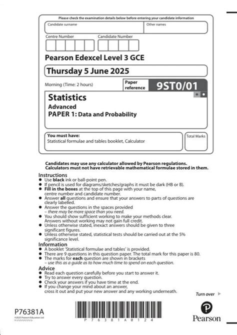 Pearson Edexcel Level 3 Gce Statistics Advanced Paper Reference 9st0 01 Paper 1 Data And