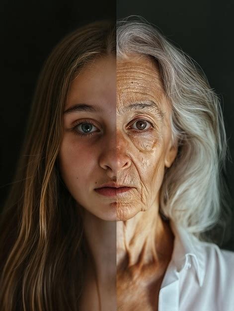 Split Face A Womans Face Showcasing Her Youthful And Aging Phases A