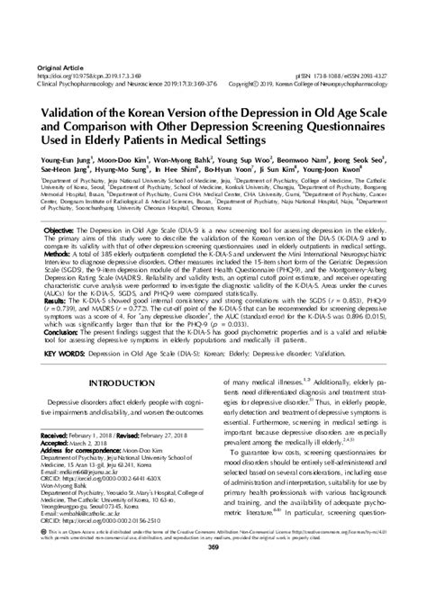 Pdf Validation Of The Korean Version Of The Depression In Old Age Scale And Comparison With