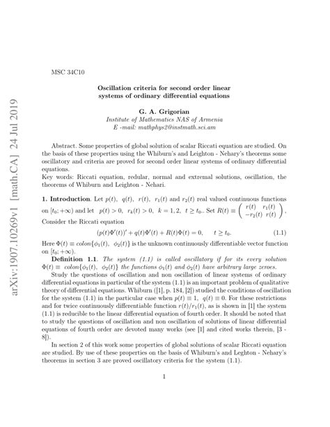 Pdf Oscillation Criteria For Second Order Linear Systems Of Ordinary