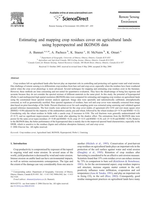 PDF Estimating And Mapping Crop Residues Cover On Agricultural Lands Using Hyperspectral And