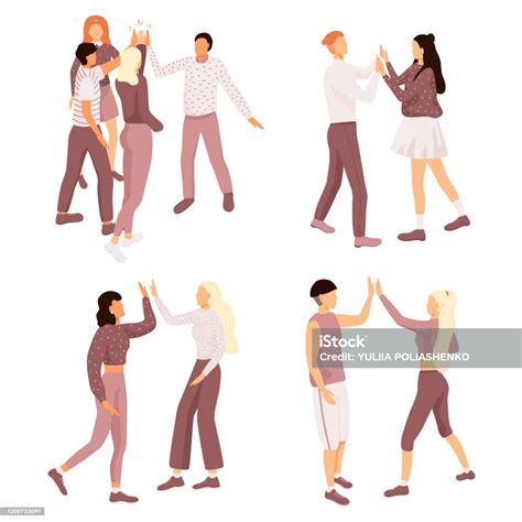 하이파이브를 하는 친구들 명랑한 친구와 동료들은 비공식적인 인사를 합니다 벡터 일러스트레이션 5명에 대한 스톡 벡터 아트 및 기타 이미지 Istock