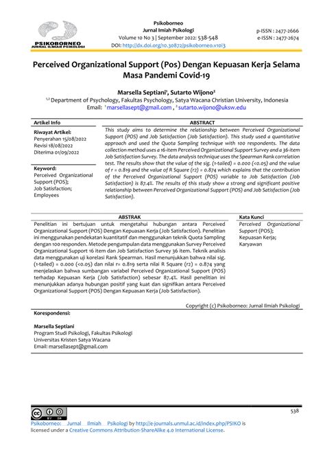 Pdf Perceived Organizational Support Pos Dengan Kepuasan Kerja