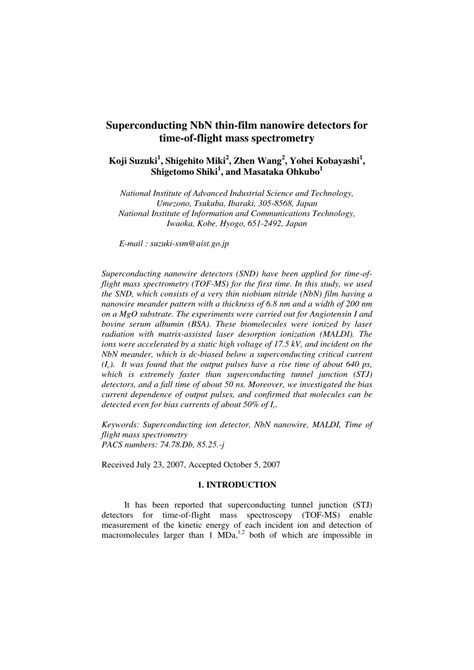 Pdf Superconducting Nbn Thin Film Nanowire Detectors For Time Of Flight Mass Spectrometry