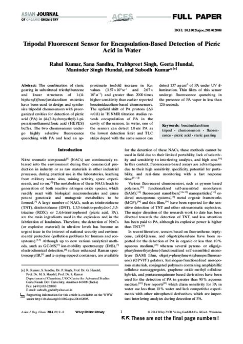 Pdf Tripodal Fluorescent Sensor For Encapsulation Based Detection Of Picric Acid In Water