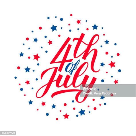 7 월 4 일 흰색 배경에 빨간색과 파란색 별 색종이와 서예 손 문자 미국 독립 기념일 축하 포스터 디자인 인사말 카드 배너 전단지에 대한 벡터 템플릿 7월 4일에 대한