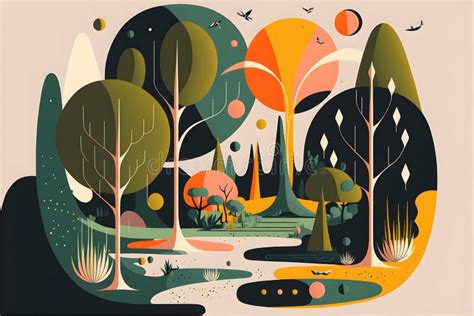Ai Generated Illustration Of Trees And Abstract Geometric Shapes Stock Illustration