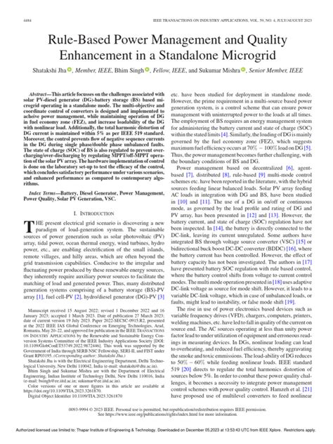 Rule Based Power Management And Quality Enhancement In A Standalone Microgrid Pdf