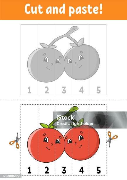 학습 번호 15 잘라 내고 접착제 만화 캐릭터 워크시트를 개발하는 교육 아이들을위한 게임 활동 페이지입니다 색상 격리 된 벡터 그림입니다 개념에 대한 스톡 벡터 아트 및