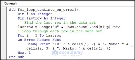 how to continue excel vba for loop with examples