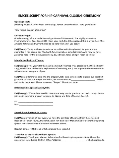 Emcee Script For Hip Carnival Closing Ceremony Pdf