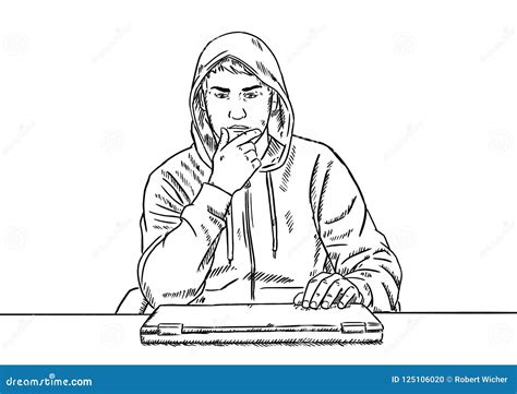 Sketch Style Doodle Of Hacker Sitting In His Desk And Thinking Stock Vector Illustration Of