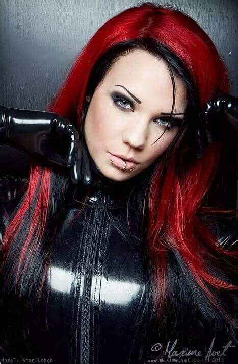 Harley Quinn Red And Black Hair Scarlet Red Model Shiny Goth Fetish