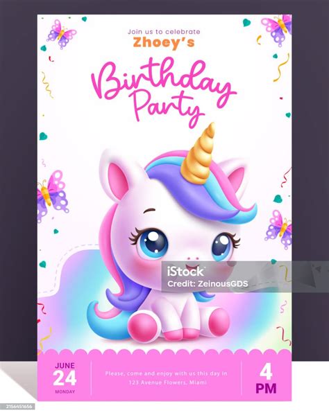 생일 파티 벡터 템플릿 디자인입니다 유니콘 조랑말 귀여운 캐릭터와 생일 초대장 마법의 축하 파티 어린이 초대장 0명에 대한 스톡 벡터 아트 및 기타 이미지 Istock